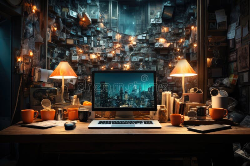 A Horizontal Photograph of a Modern Workspace with a Laptop and ...