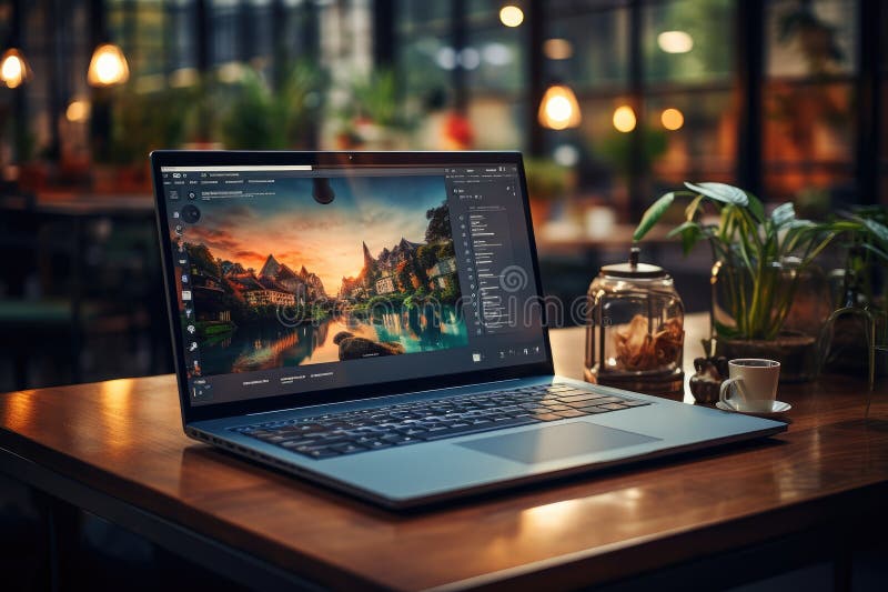 A Horizontal Photograph of a Modern Workspace with a Laptop and ...