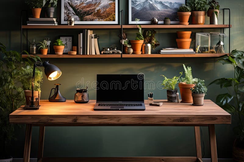 A Horizontal Photograph of a Modern Workspace with a Laptop and ...