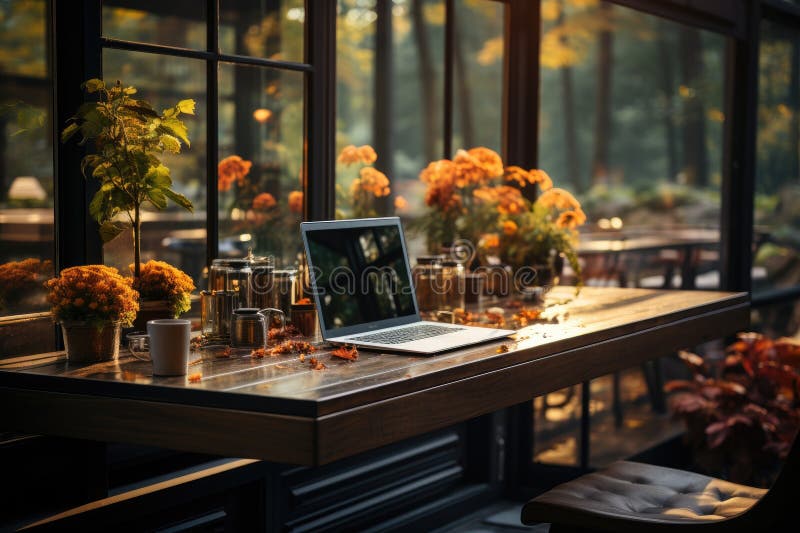 A Horizontal Photograph of a Modern Workspace with a Laptop and ...