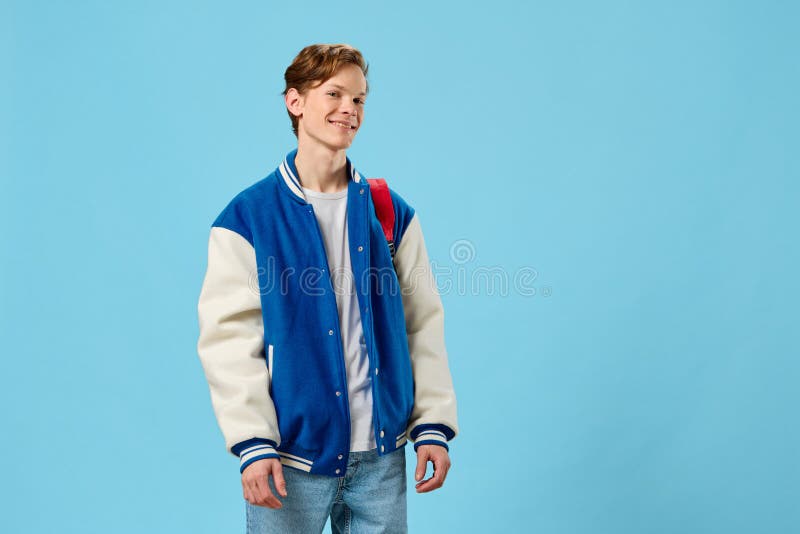 Horizontal Portrait of a Handsome, Joyful Student Guy with a Red ...