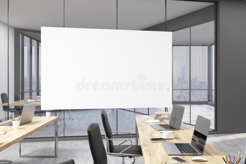 Horizontal Poster in Office with Rows of Tables and CEO Study Stock ...
