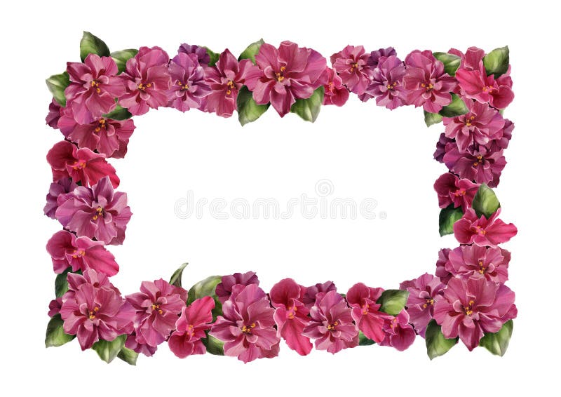 Horizontal Rectangular Floral Frame with Watercolor Violets and Green ...