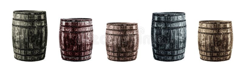 Horizontal Row of Gray, Brown Oak Barrels in Vintage Style on an ...