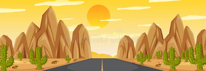 Horizontal Scene with Long Road through Desert at Sunset Stock Vector ...
