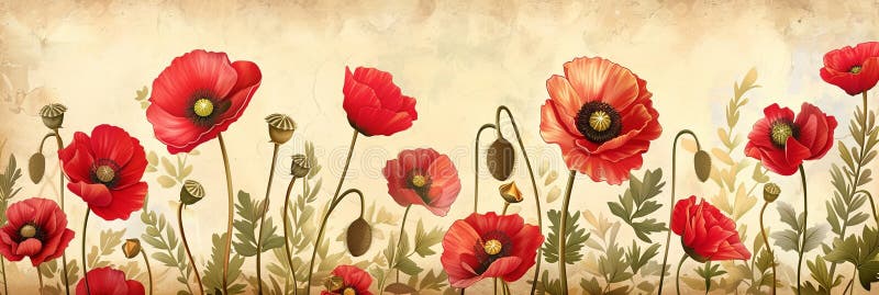 Horizontal Seamless Background with Red Poppies on a White Background ...