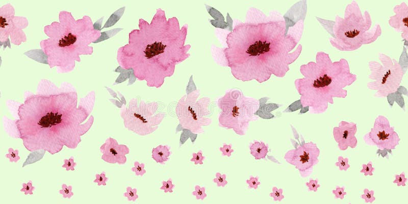 Horizontal Seamless Border with Pastel Rose Flowers on Ligth Green ...