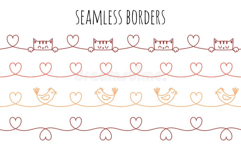 Horizontal Seamless Borders with Linear Cats, Birds and Hearts. a ...