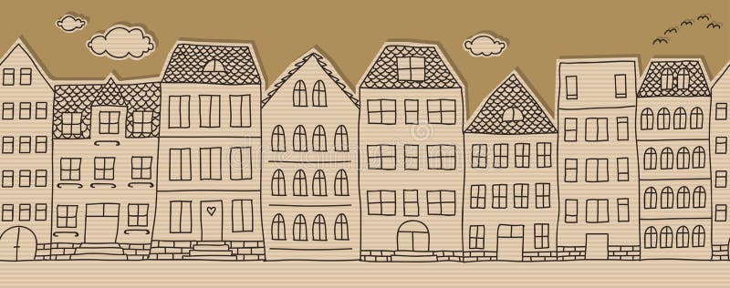 Horizontal Seamless Doodle Houses Pattern Stock Vector - Illustration ...