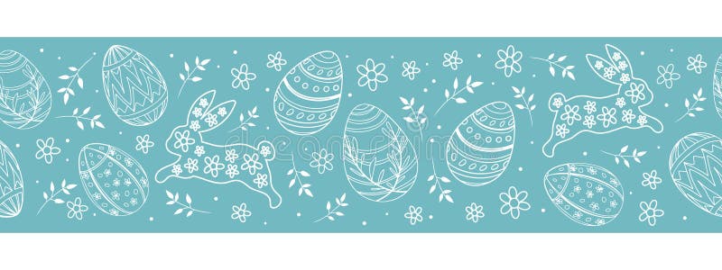 Horizontal Seamless Pattern with Easter Bunnies, Flowers and Decorated ...