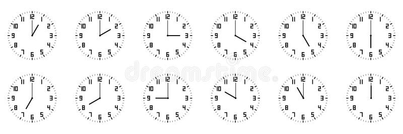 Horizontal Set of Analog Clock Icon with Number Notifying Each Hour ...