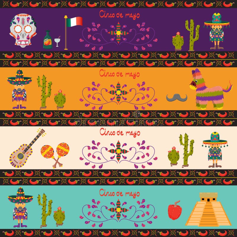 Horizontal Set of Design Stickers on Mexican Theme of Cinco De Mayo ...