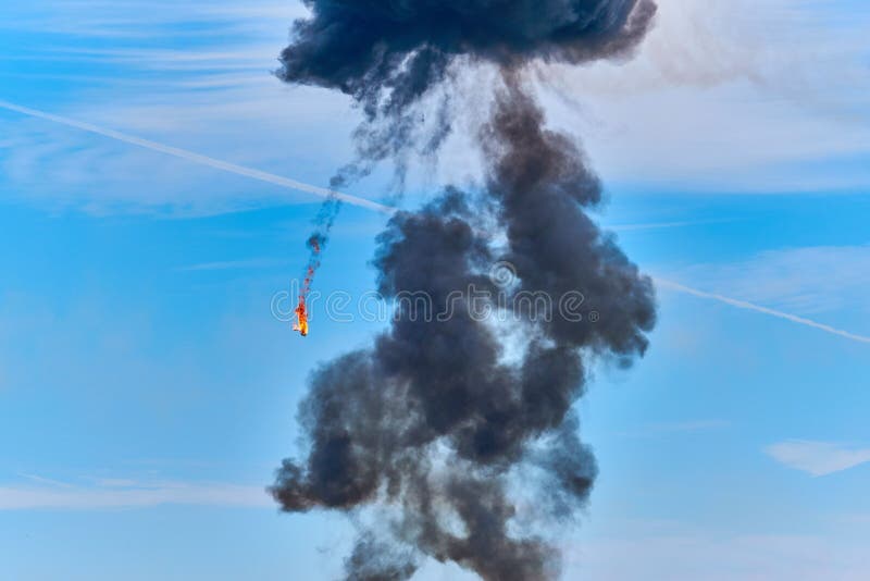 Horizontal Shot of a Big Explosion with Black Smoke and Fire in the ...