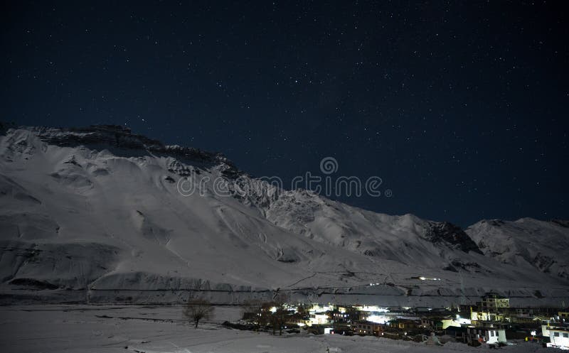 Horizontal Shot of Spiti Valley, Kaza in Winter Night Stock Photo ...