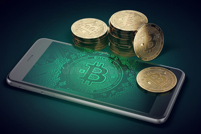 Horizontal Smartphone with Bitcoin Symbol on-screen and Stack of Golden ...