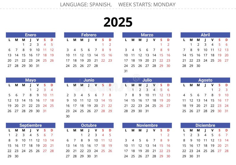 2025 Horizontal Spanish Calendars. Printable Vector Illustration for ...