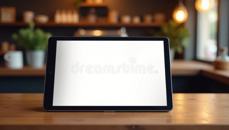Horizontal Tablet Mockup, Blank Screen, Cafe Background, Perspective ...