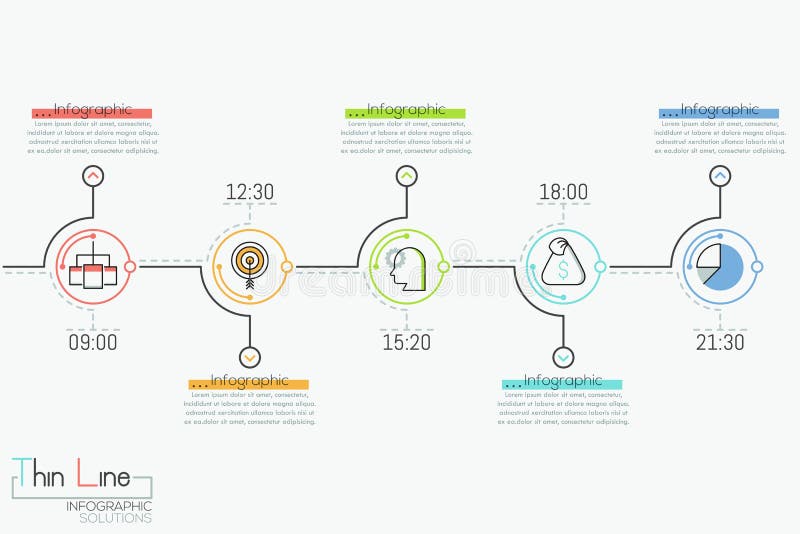 Horizontal Timeline with 5 Round Elements, Time Indication, Pictograms ...