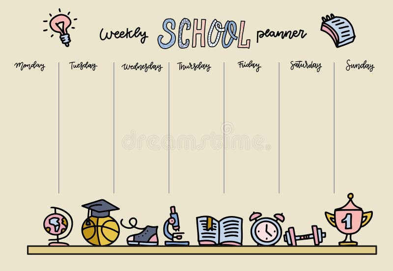 Horizontal Timetable for Elementary School. Weekly Planner Template ...