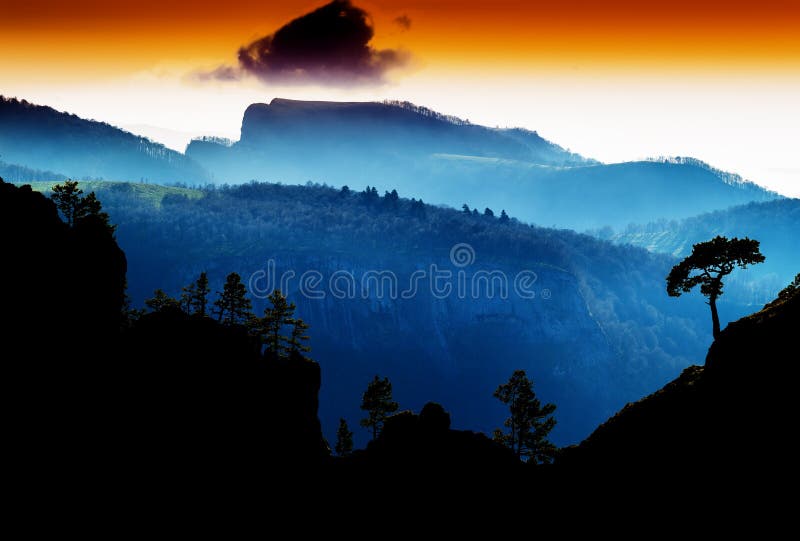 Horizontal Vdramatic Mountain Trees On Rocks Silhouette Sunset B Stock ...