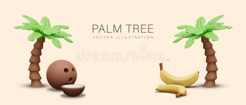 Horizontal Vector Banner with 3D Palm Trees, Coconut, Banana Stock ...