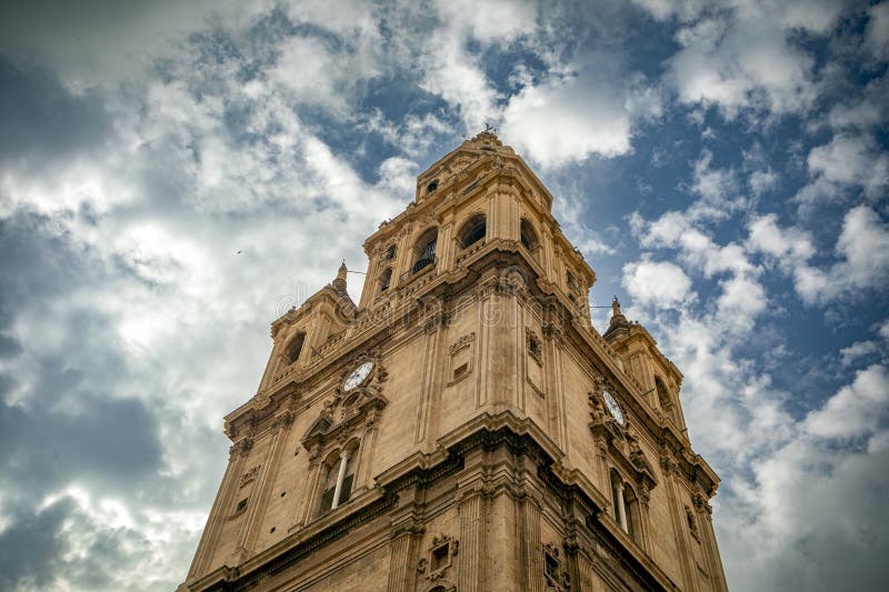 Horizontal View from Below of the High Tower of the Murcia Cathedral ...