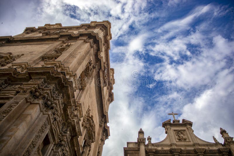 Horizontal View from Below of the High Tower of the Murcia Cathedral ...
