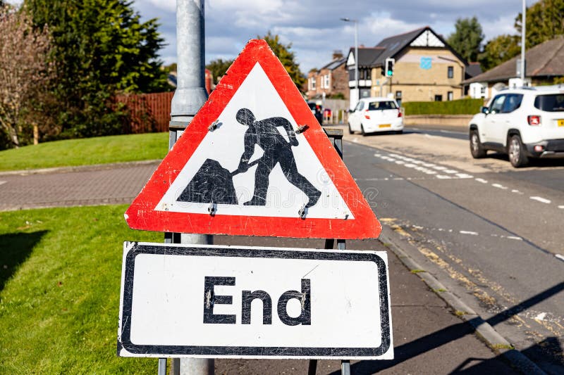 Horizontal View of End of Roadwork Temporary Sign by the Side of a Road ...