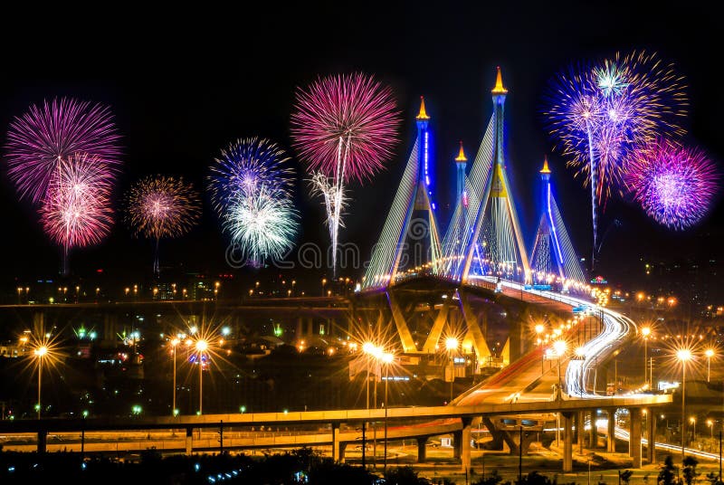 Horizontal View with Firework Stock Photo - Image of impress, bridge ...