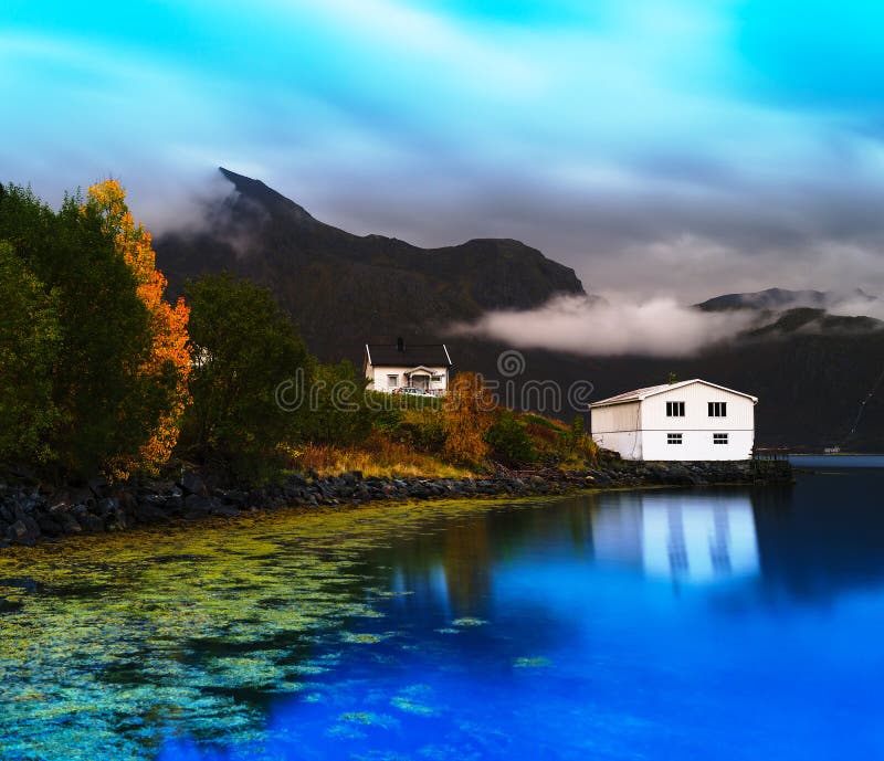 Horizontal Vivid Norway Autumn Landscape with Reflections Backgr Stock ...