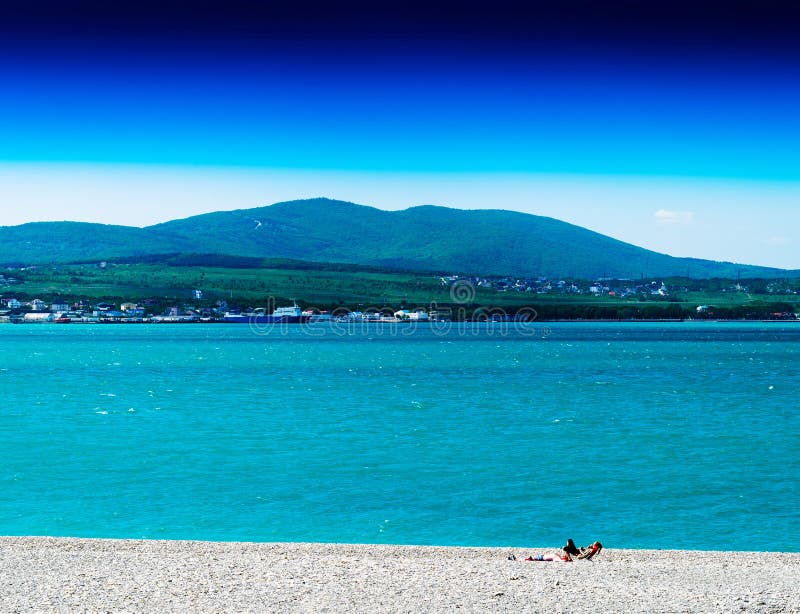Horizontal Vivid Stony Beach with Big Hill Landscape Background Stock ...