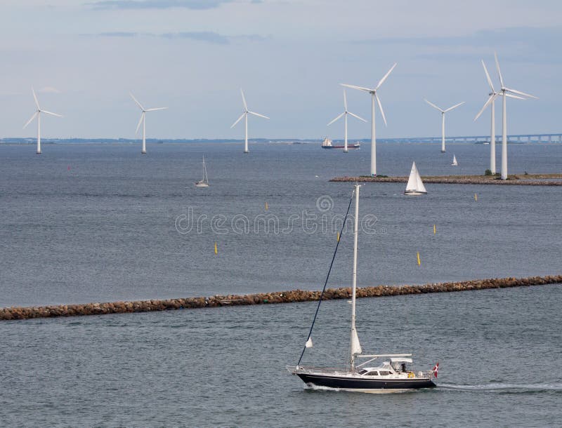 Horizontal Wind Turbine Generators and Sailing Shi Stock Image - Image ...