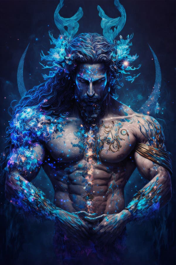 Horned Devil with Muscular Body and Blue Fire on His Body Stock ...