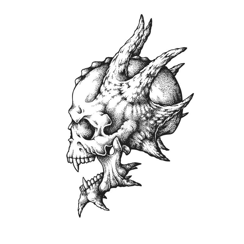 Horned Devil Skull from the Side View. Hand Drawn Vector Illustration ...