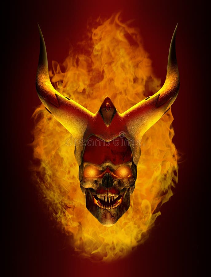 Horned Flaming Demon skull stock illustration. Illustration of ...