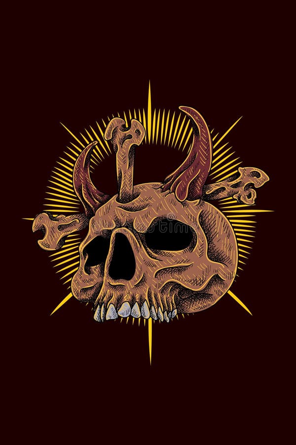 Horned Skull with Bone Vector Illustration Stock Vector - Illustration ...