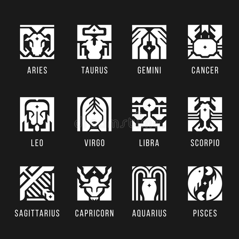 12 Horoscope - White Mono Abstract Square Shape Symbol on Black ...