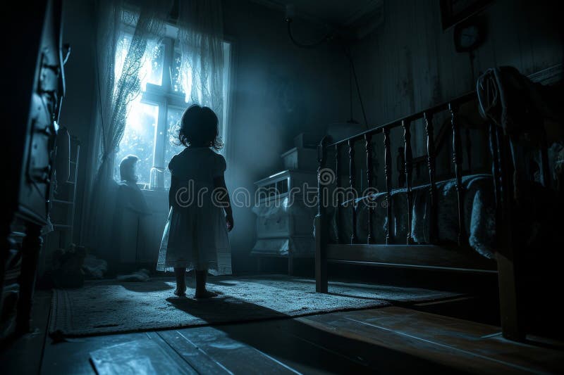 Horrified Child in Dimly Lit Bedroom Tormented by Malevolent Creatures ...