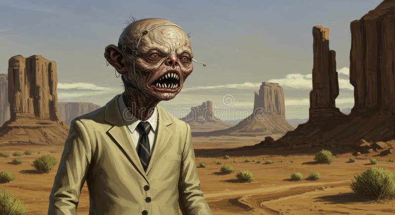 Grotesque Alien in Beige Suit, Monument Valley Desert Landscape Stock ...