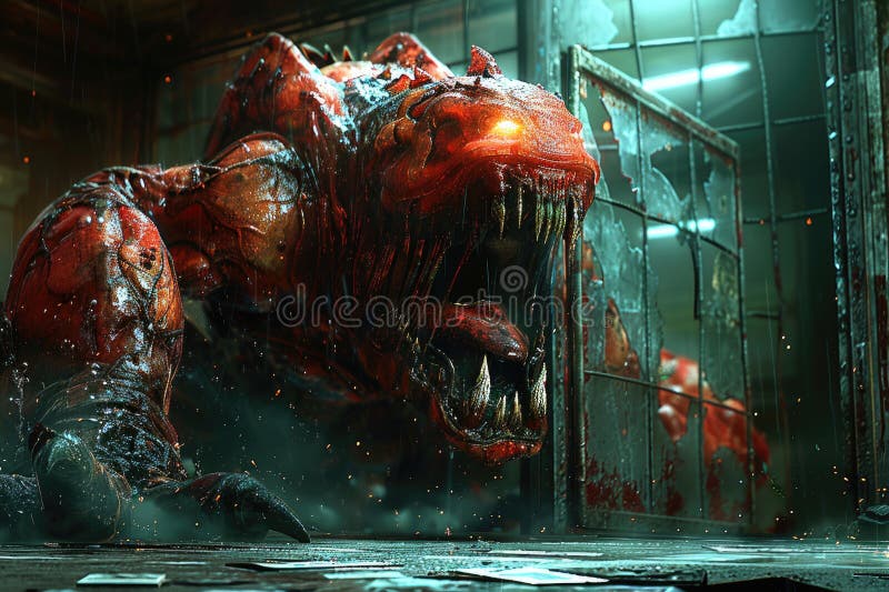 Horrifying Monster Emerging from a Ruined Building, 3D Render Stock ...