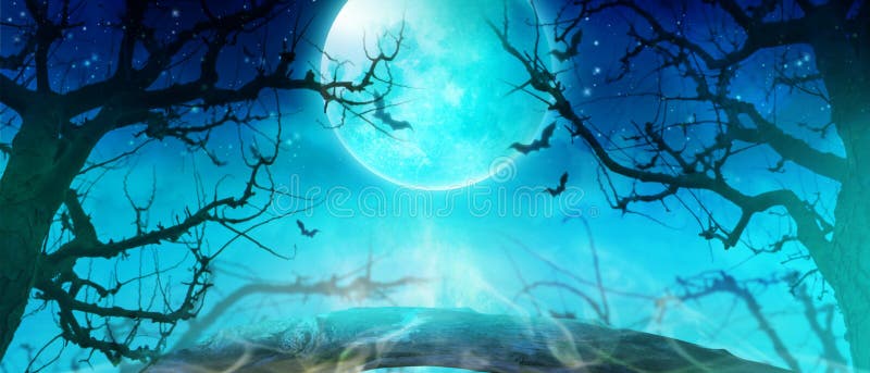 Horror Background with Full Moon in the Darkness Stock Illustration ...
