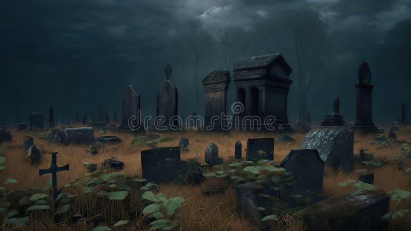 Horror Cemetery on the Night of Dark Clouds Covered with Horror Stock ...