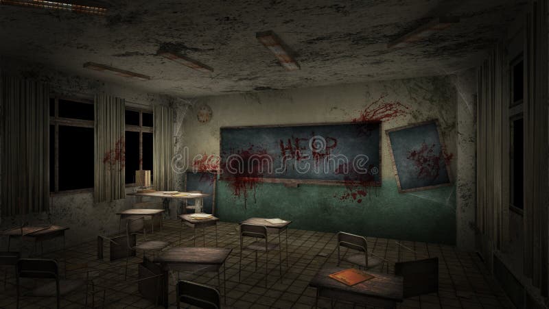 Horror and Creepy Classroom in the School with Text Help Blood. 3D ...