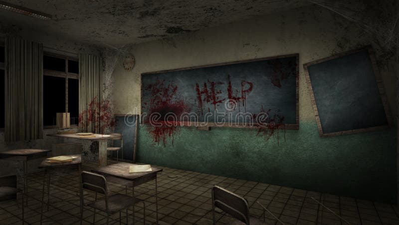 Horror and Creepy Classroom in the School with Text Help Blood. 3D ...