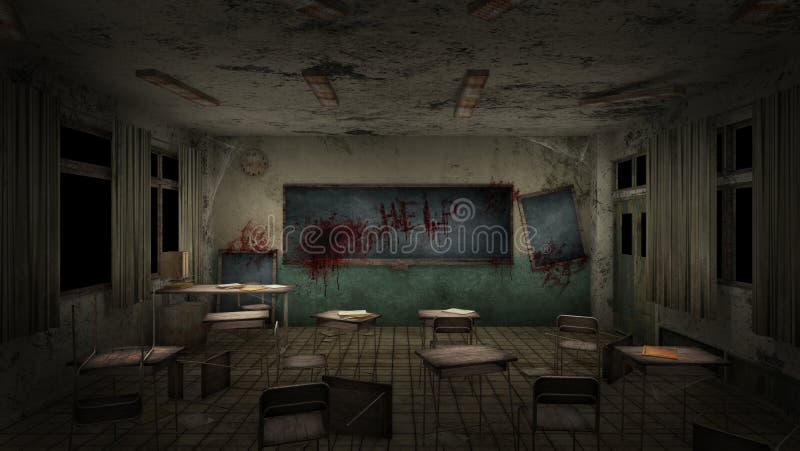 Horror and Creepy Classroom in the School with Text Help Blood. 3D ...