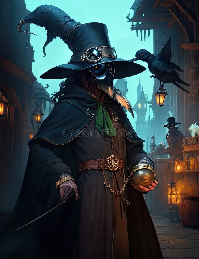 Horror Evil Witch with Crows in the Old City. 3D Rendering. Stock ...