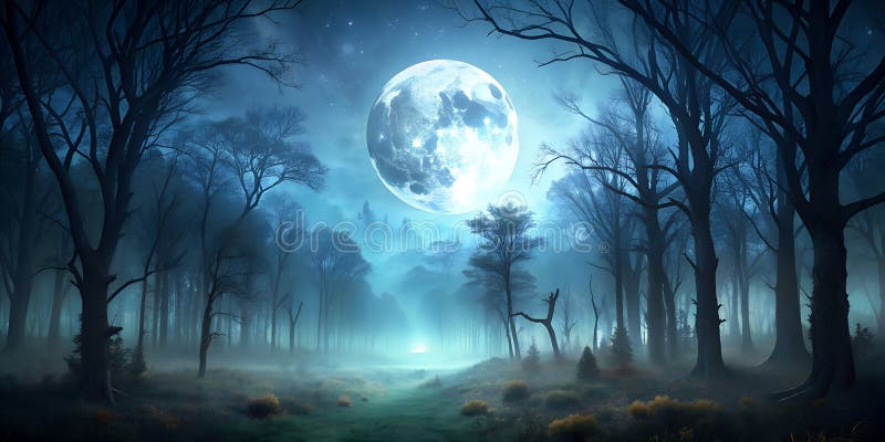 Horror Forest at Night with Full Moon in the Sky Generative by AI Stock ...