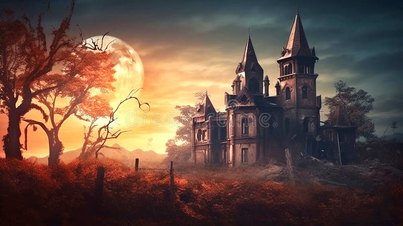 Horror Halloween Haunted Castle on Creepy Spooky Night Stock ...