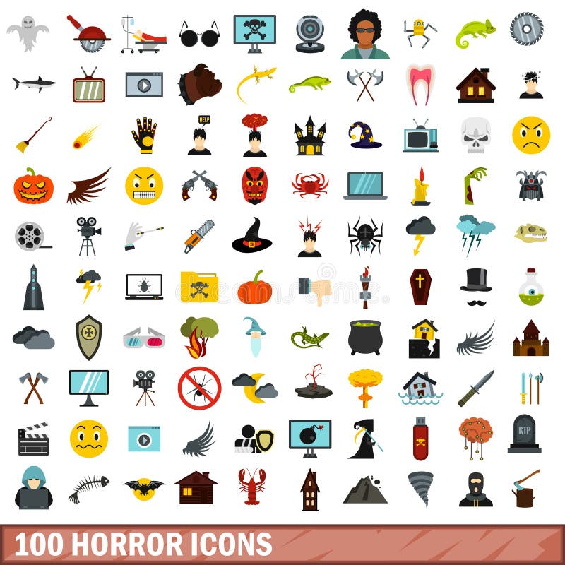 100 Horror Icons Set, Flat Style Stock Vector - Illustration of grave ...