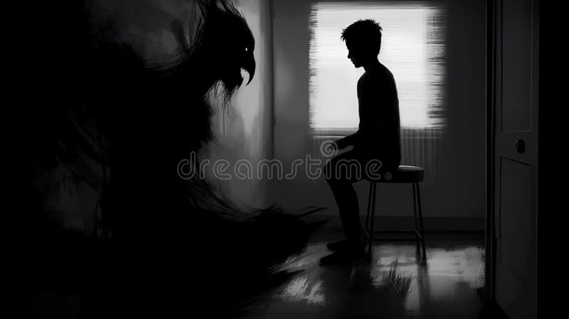 Boy and Shadow Monster Horror Illustration Stock Illustration ...